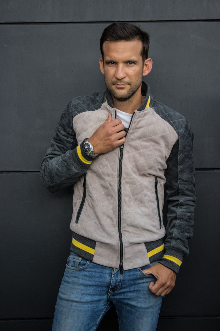 PARAMOUNT Bomber Jacket in Suede - Beige & Green - Yellow Stripes ...