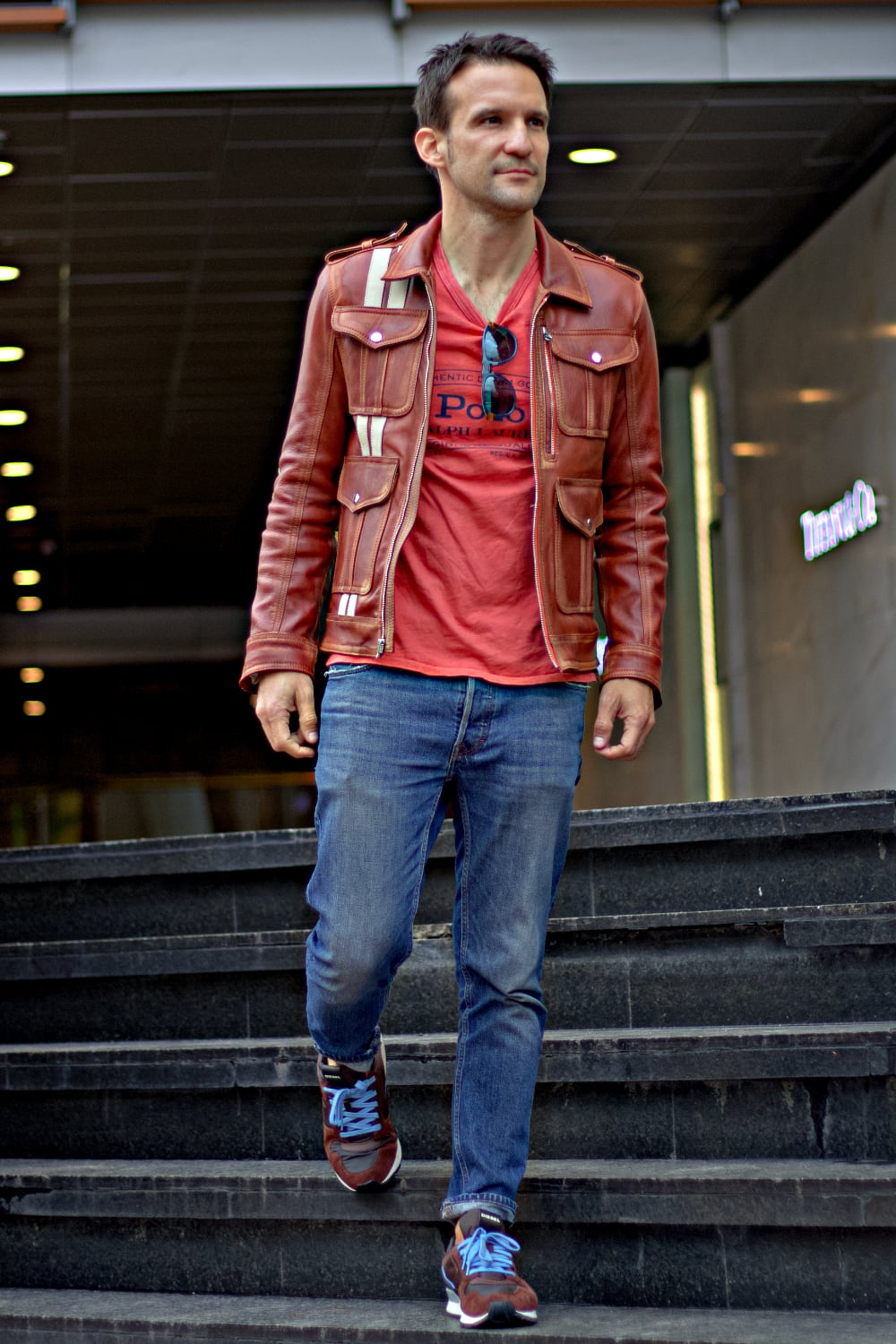 JACOB LUKAS SH Leather Short Retro Jacket Distressed & Beige stripes ...